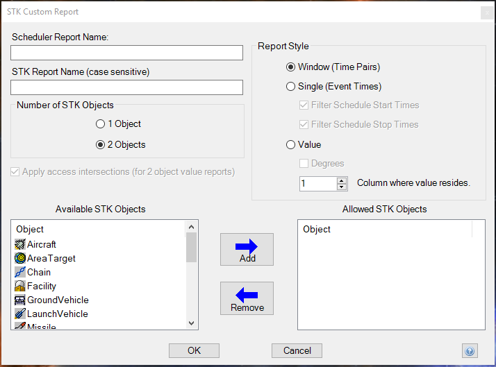 Astro Scheduler Engine Help: STK Custom Reports Form